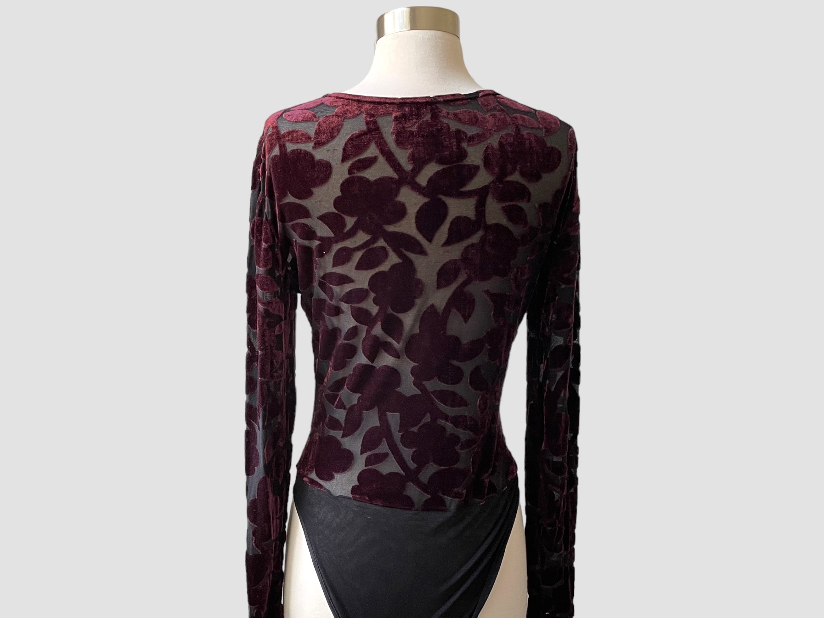90s Burnout Bodysuit in Sheer Mesh Velvet by Cosabella Burgundy Long ...