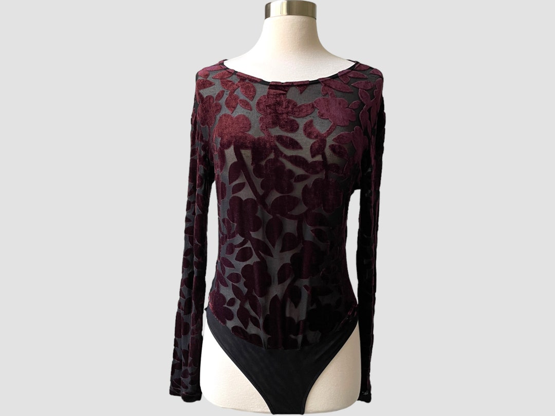 90’s Burnout Bodysuit in Sheer Mesh Velvet by Cosabella | Burgundy Long ...