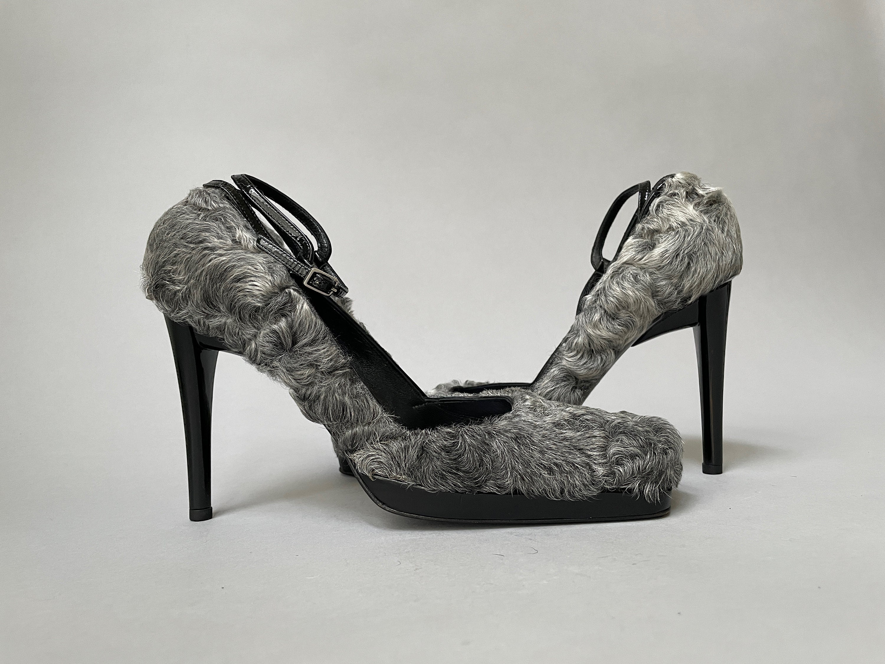 90s Gianni Versace Grey Fuzzy Shearling Platform Square Toed Heels Size ...