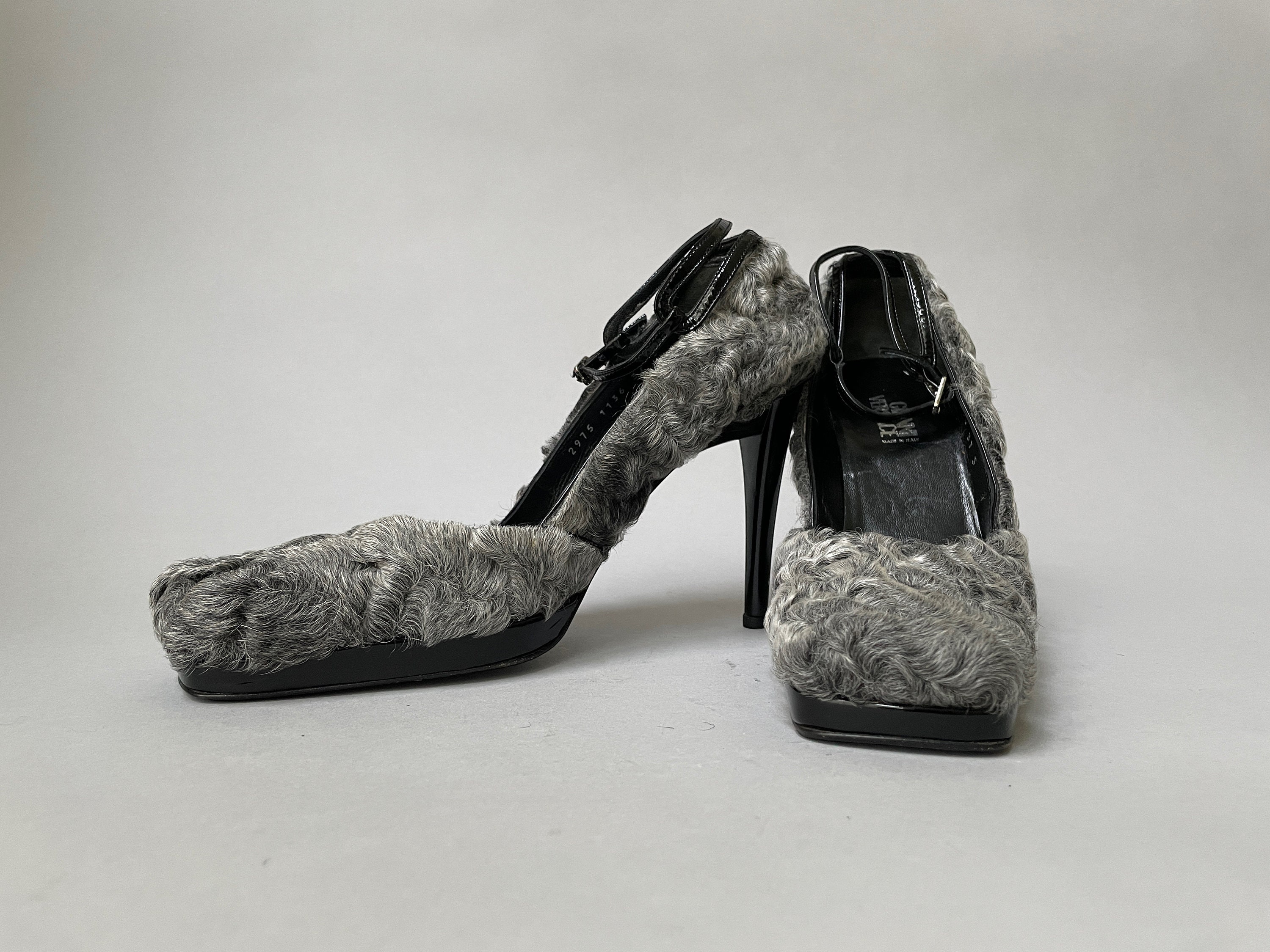 90s Gianni Versace Grey Fuzzy Shearling Platform Square Toed Heels Size ...