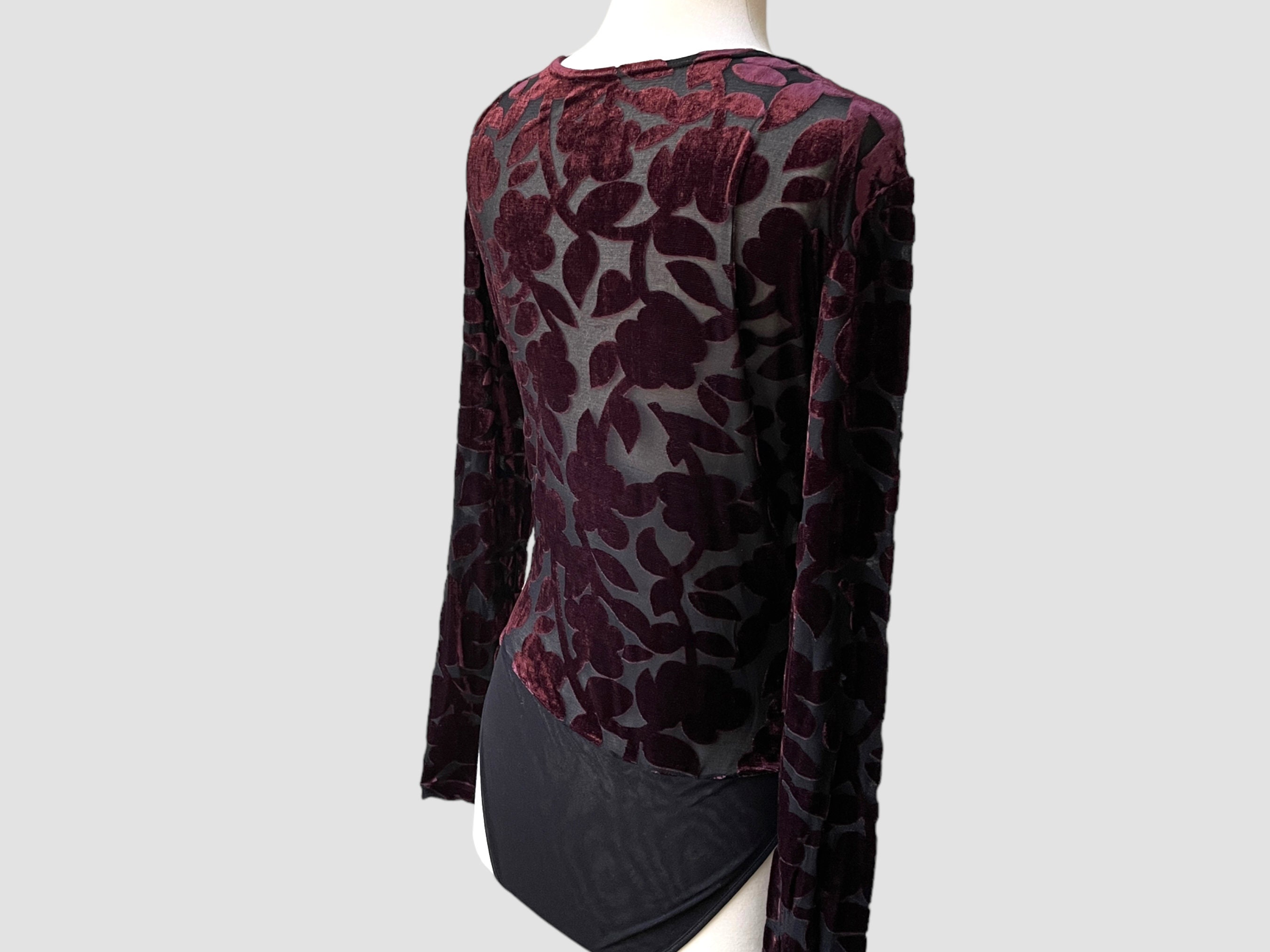 90s Burnout Bodysuit in Sheer Mesh Velvet by Cosabella Burgundy Long ...