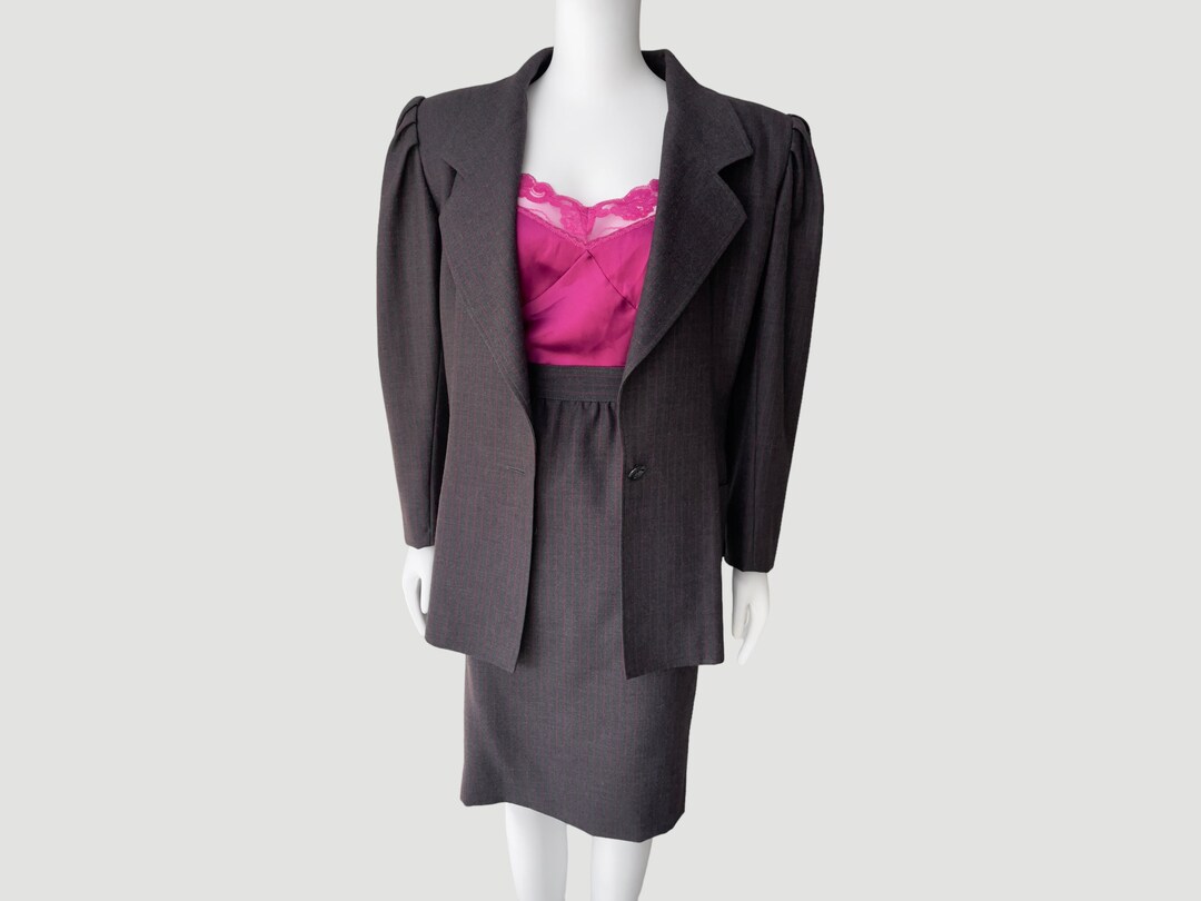 80’s Charcoal Wool Power Skirt Suit With Pink Pinstripes by Ungaro ...