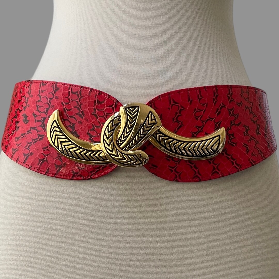 80s Extra Wide Red Leather Waist Belt | Snakeskin Corset Belt With ...