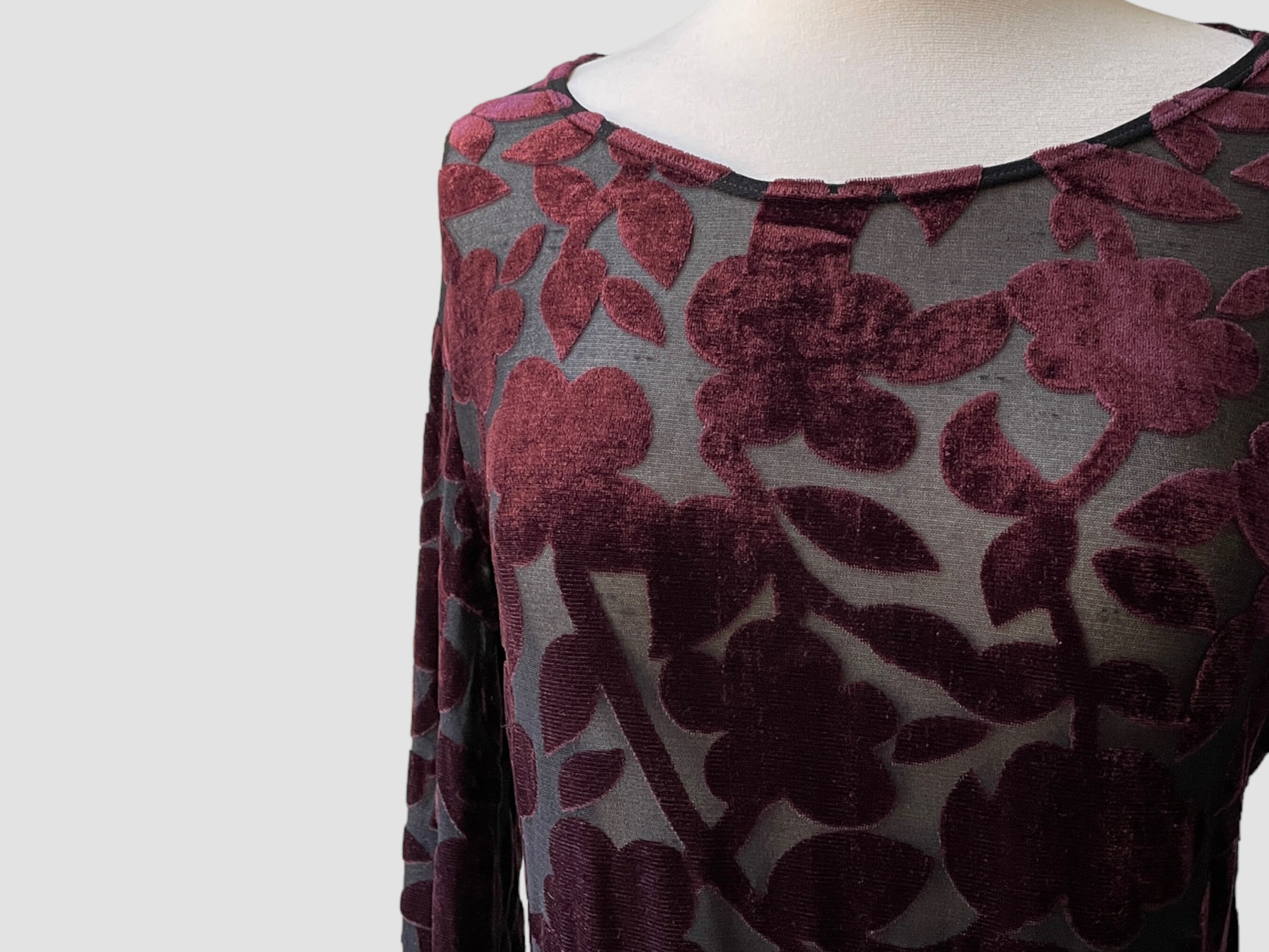 90s Burnout Bodysuit in Sheer Mesh Velvet by Cosabella Burgundy Long ...