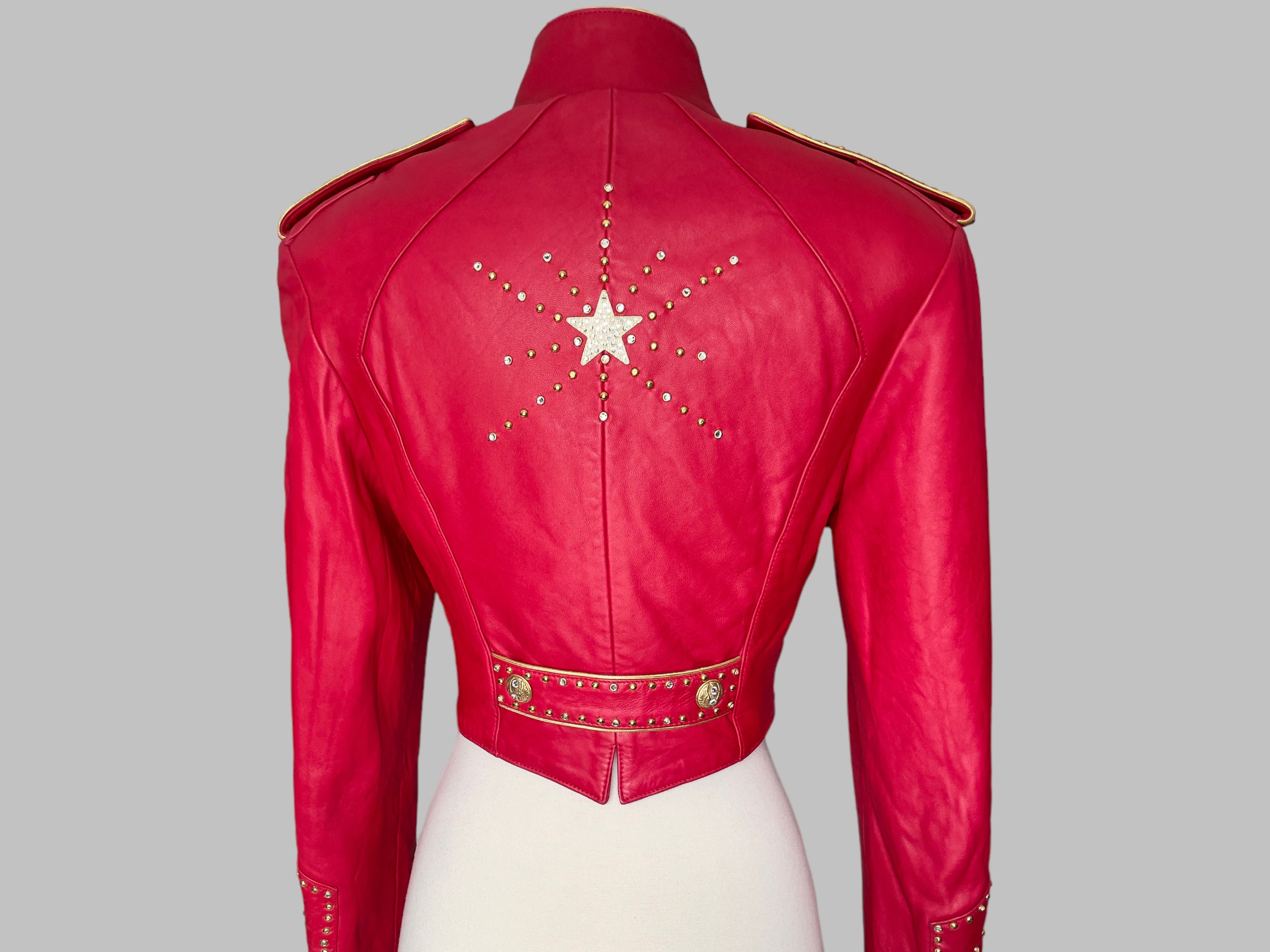 Red Cropped Leather Jacket With Rhinestone Studs by Michael Hoban of ...