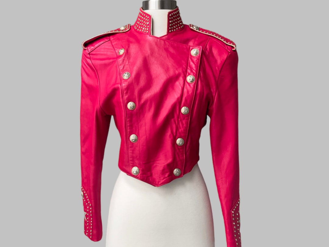 Red Cropped Leather Jacket With Rhinestone Studs by Michael Hoban of ...