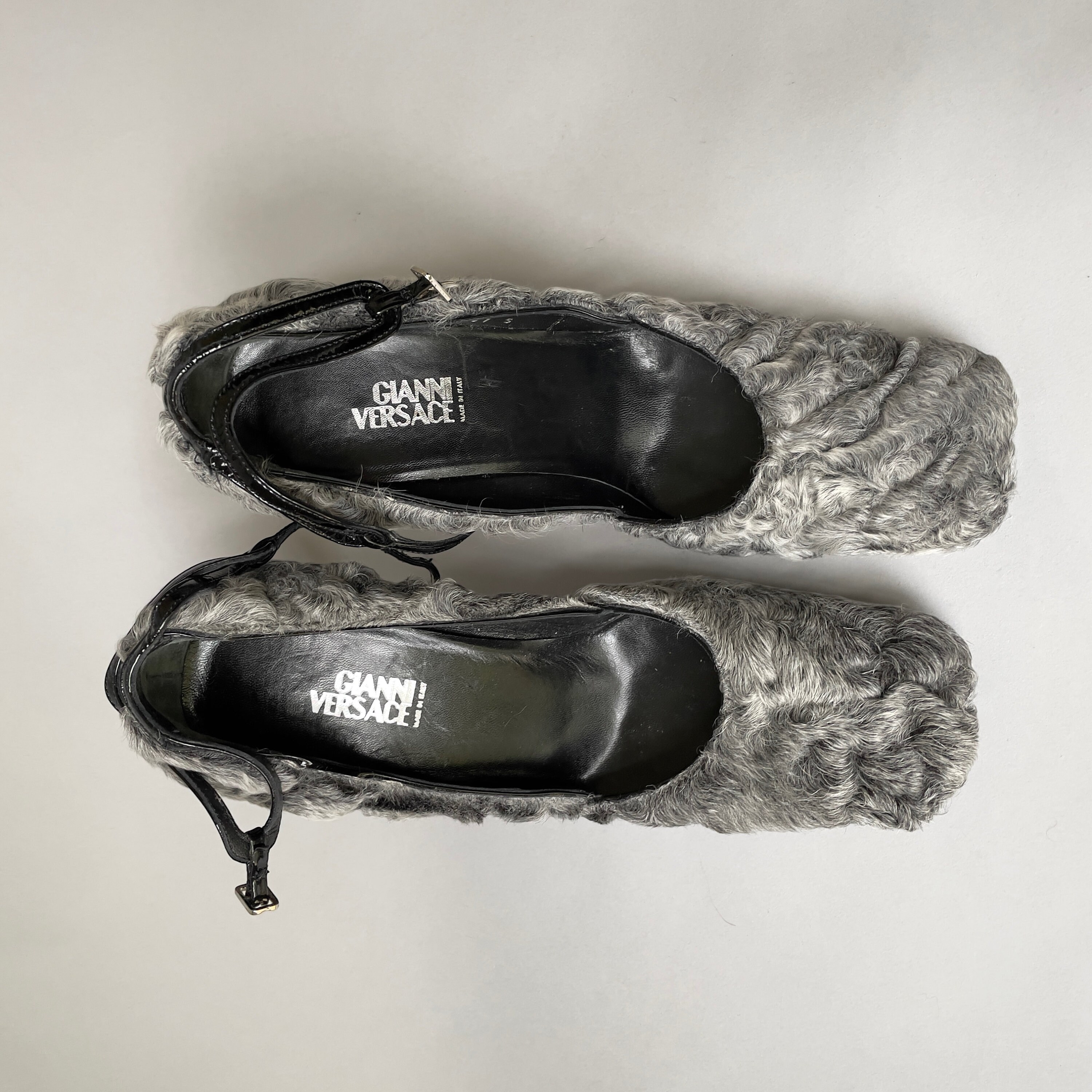 90s Gianni Versace Grey Fuzzy Shearling Platform Square Toed Heels Size ...