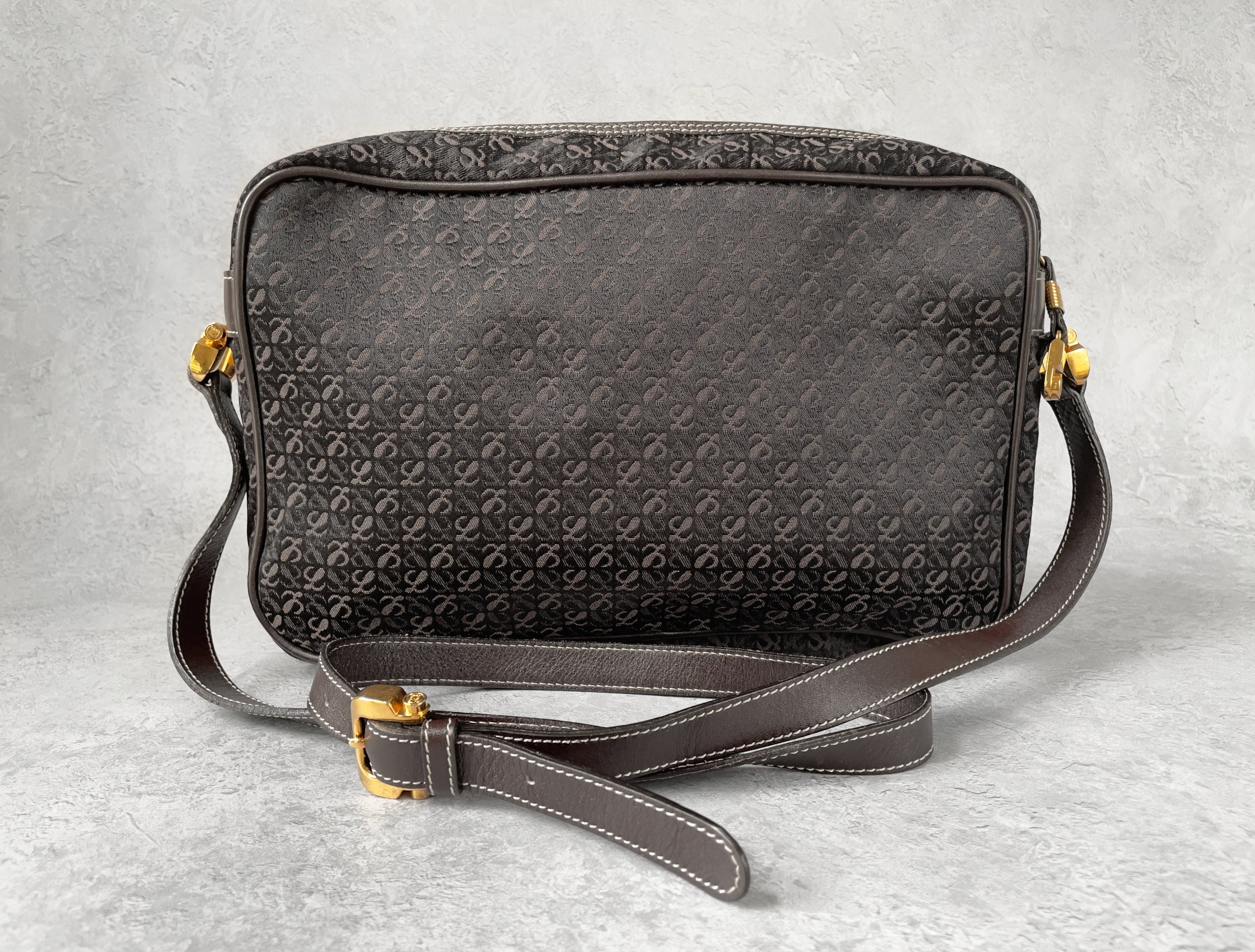 Vintage Loewe Signature Anagram Canvas Crossbody Chocolate Brown ...