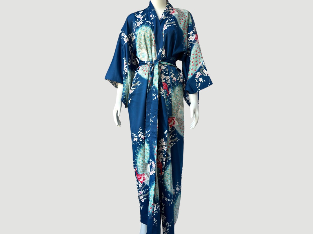 Japanese Polyester Satin Kimono Style Robe | Blue and Turquoise Floral ...