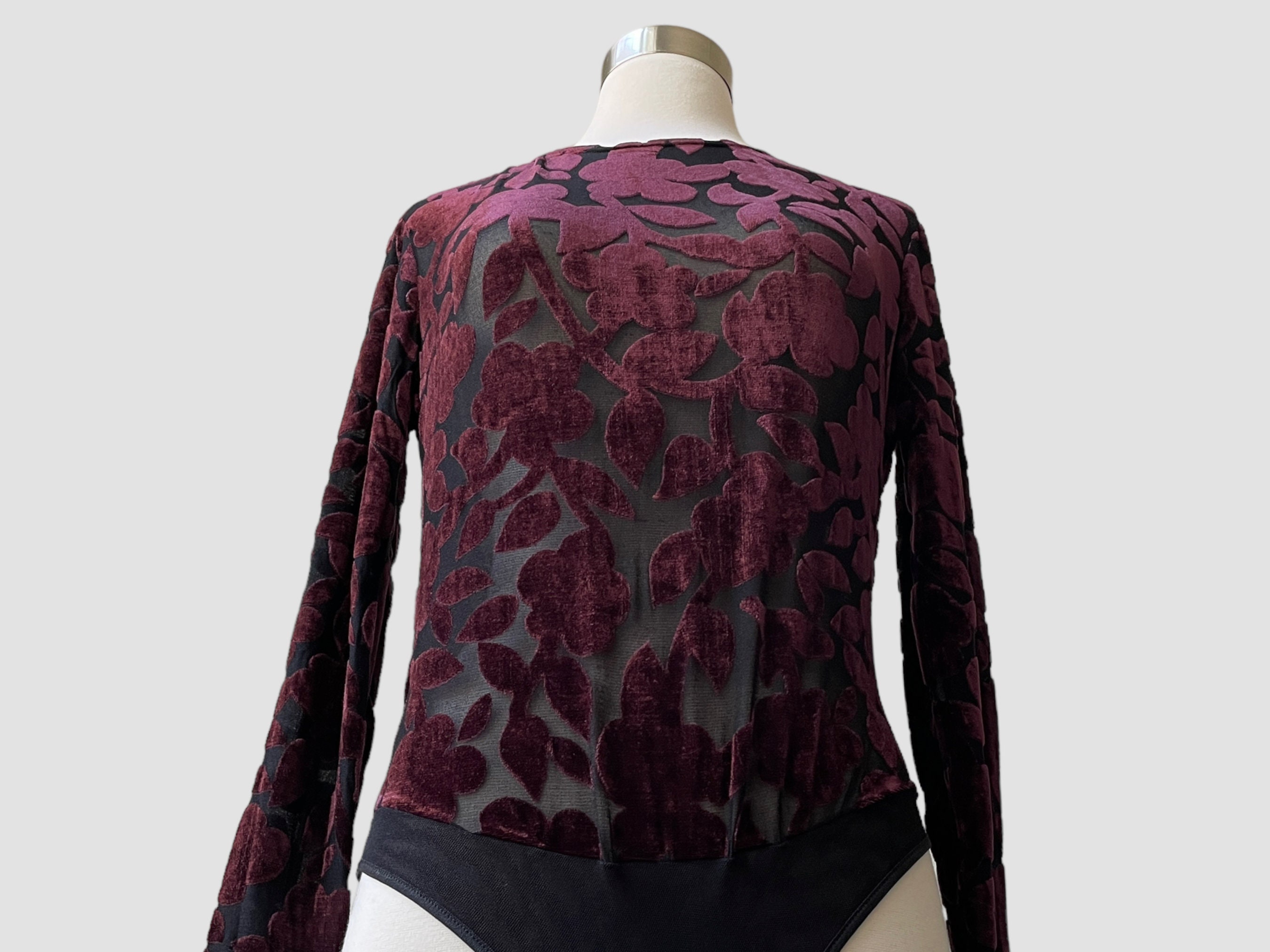 90s Burnout Bodysuit in Sheer Mesh Velvet by Cosabella Burgundy Long ...