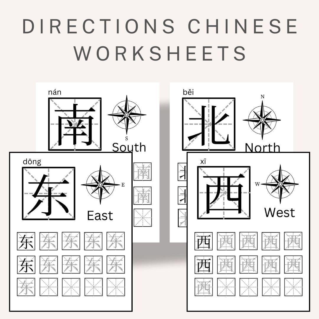Learn Chinese Four Directions Worksheet Printable East South West North ...