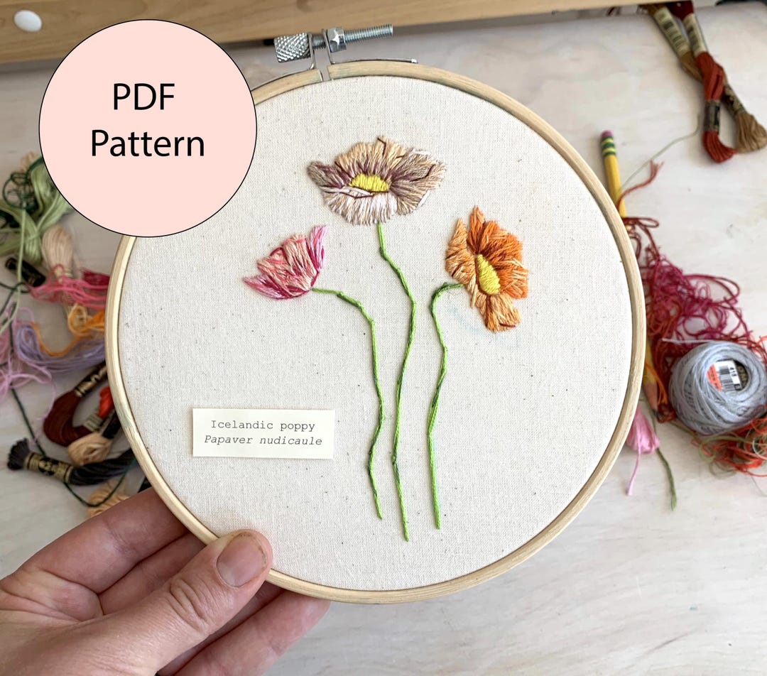 Icelandic Poppy Embroidery Pattern, Thread Painting Guide (PDF) - Etsy