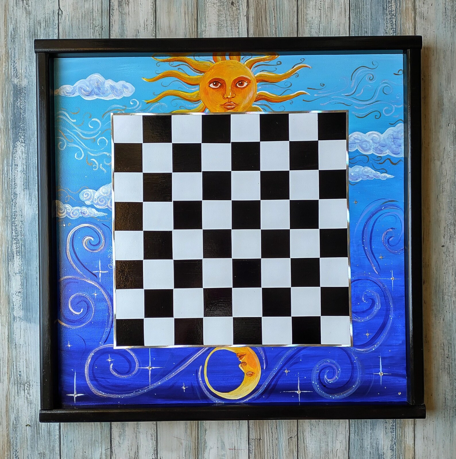 Celestial Chess Game Board, Hand Painted Chessboard, Sun and Moon Theme ...