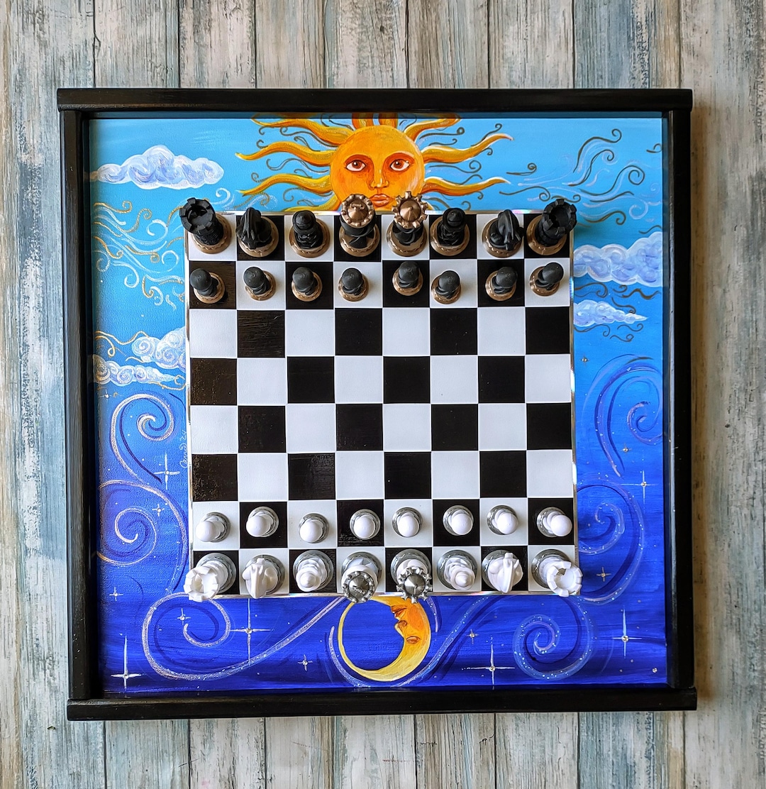 Celestial Chess Game Board, Hand Painted Chessboard, Sun and Moon Theme ...