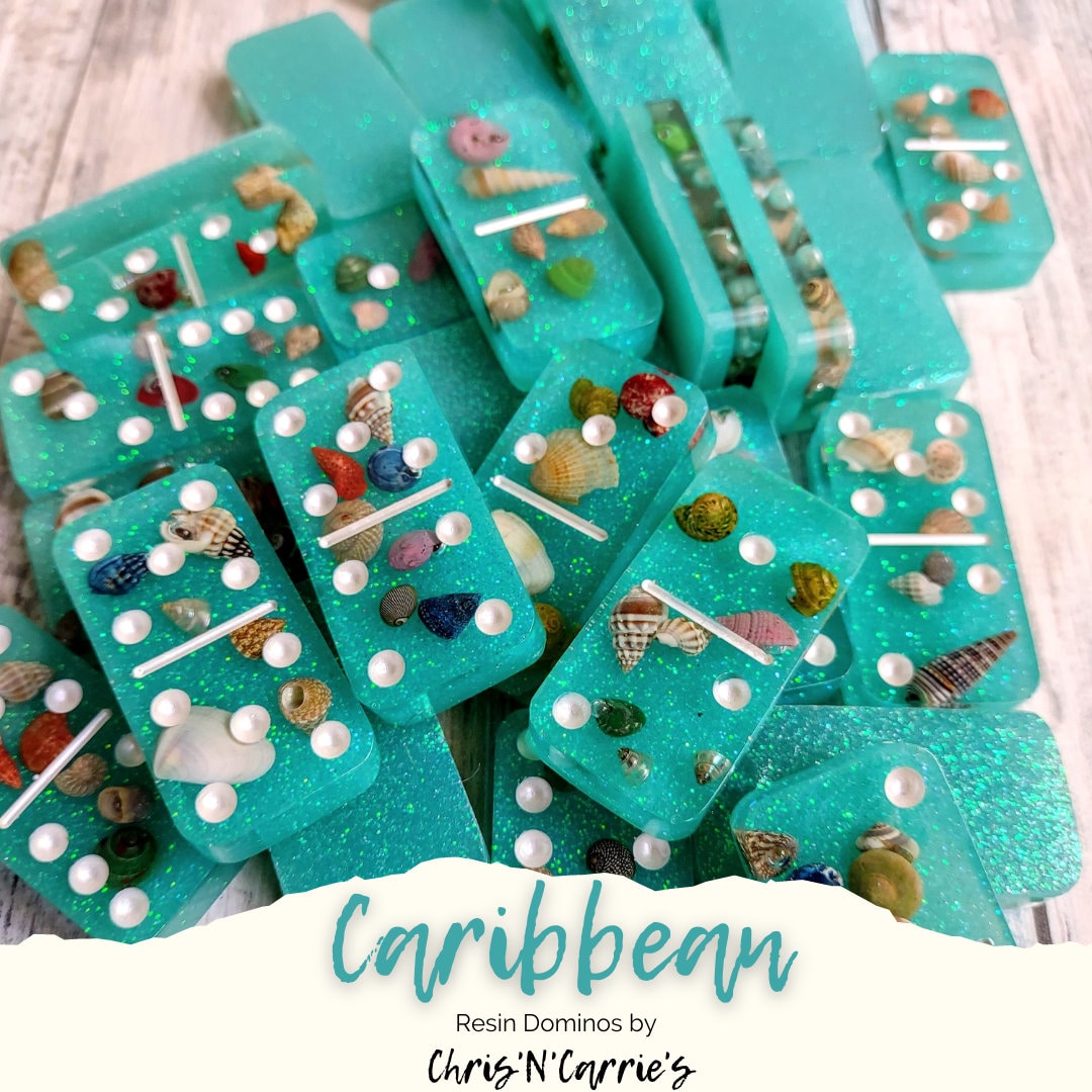 Caribbean Domino Set, Double Six Domino Set With Seashells and Blue ...