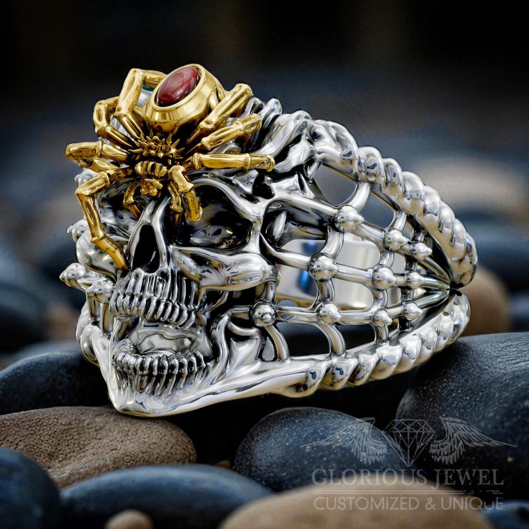 Spider Skull Ring: Sterling Silver, Gold, Enamel - Etsy