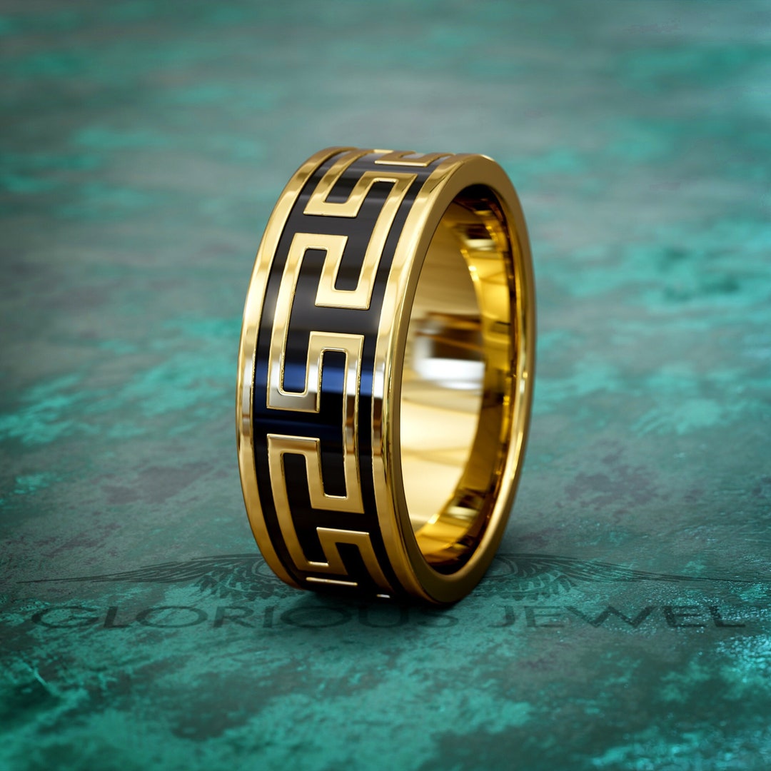 Greek Key Gold Wedding Band Ring - Handcrafted Symbol of Elegance ...