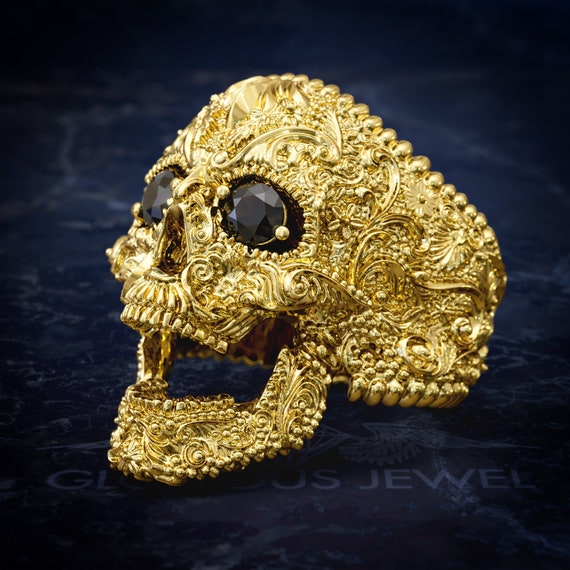 Gold Floral Sugar Skull Gold Ring Boho Chic Statement Jewelry Day of the Dead Gold Ring Handcrafted Unique Floral Sugar Skull Design Etsy