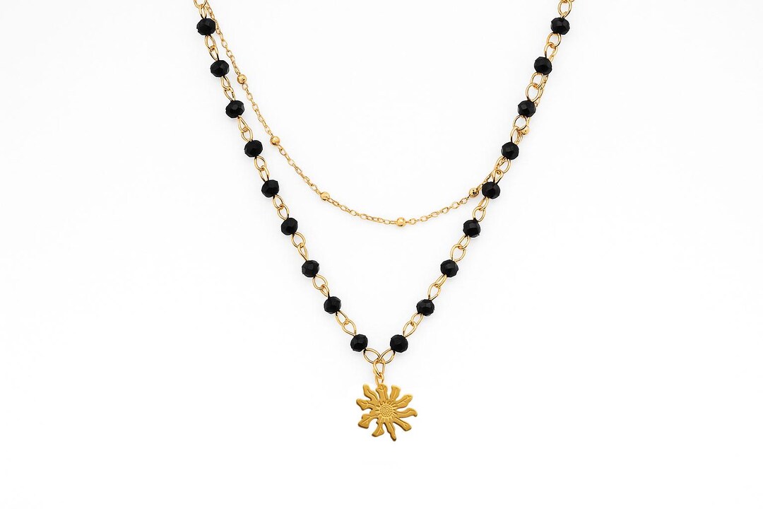 Double Chain Necklace Eguzkilore Basque Flower 316L Steel Gold 18K PVD ...