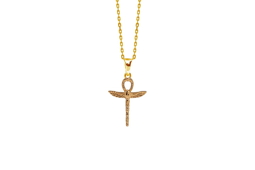 Pendant Dragonfly and Egyptian Ankh Cross Gold Plated 18k, Handmade ...