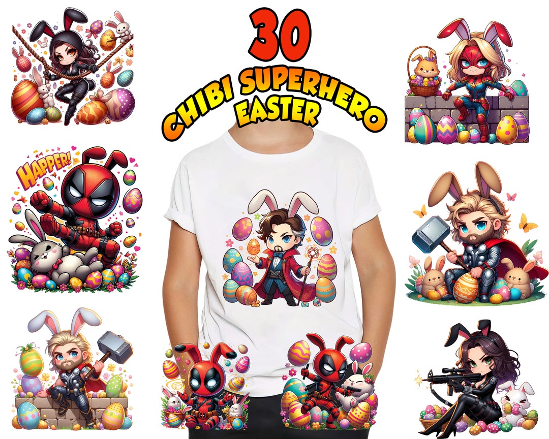 30 Superhero Easter Cartoon PNG Bundle, Superhero Movie Character Bunny ...