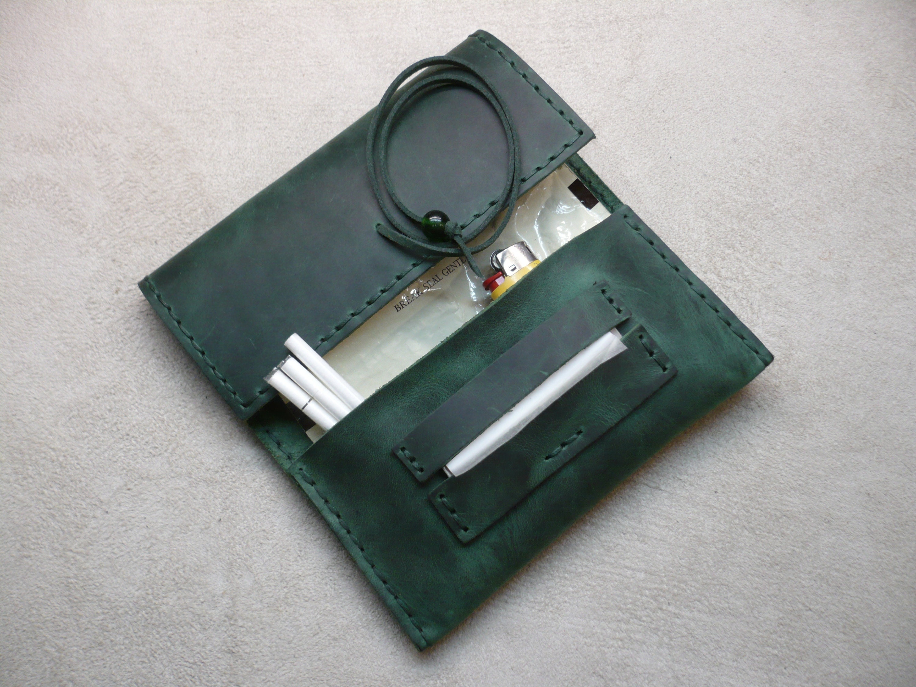 Handmade Leather Tobacco Pouch, Green Handcrafted Rolling Cigarettes ...