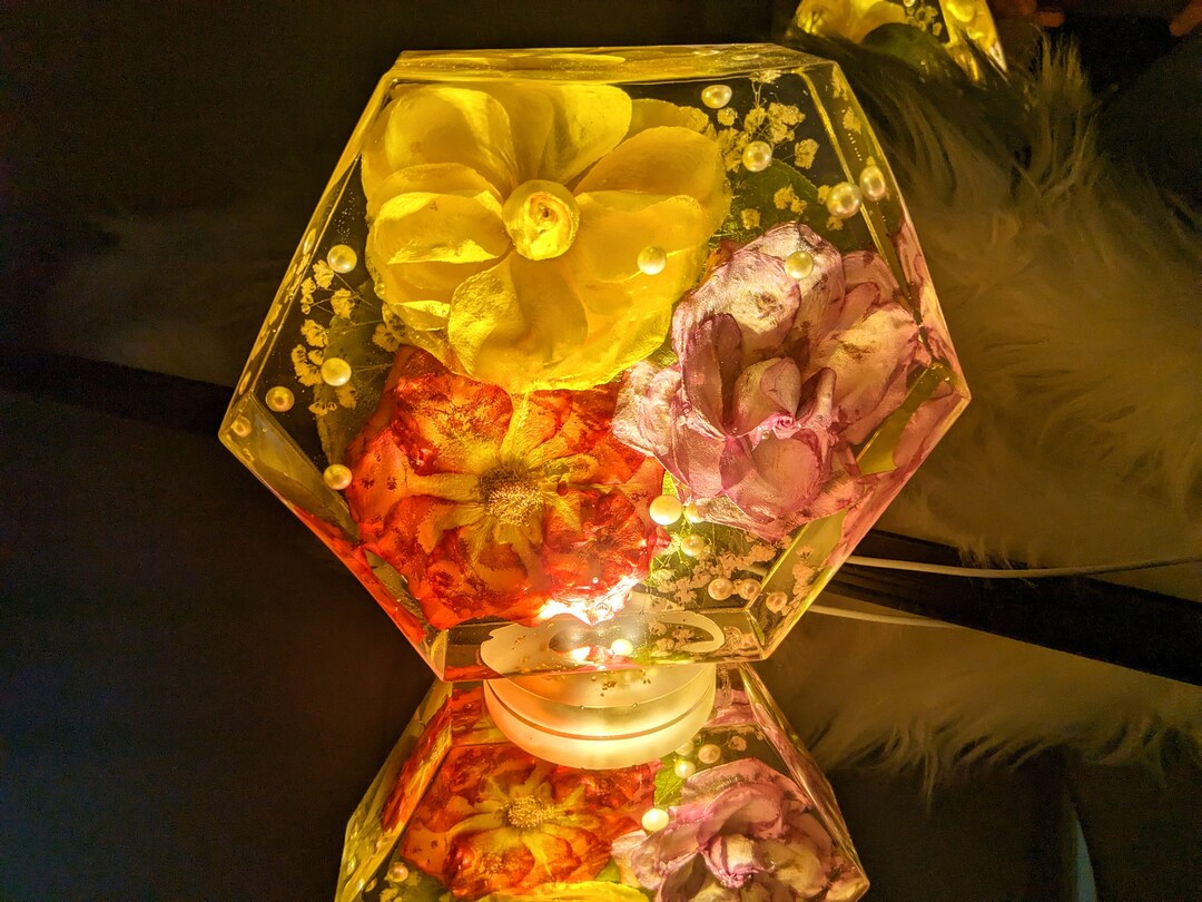 Leds Night Light/ Hexagon 7/ Warm Leds Light Natural Preserved Flowers ...