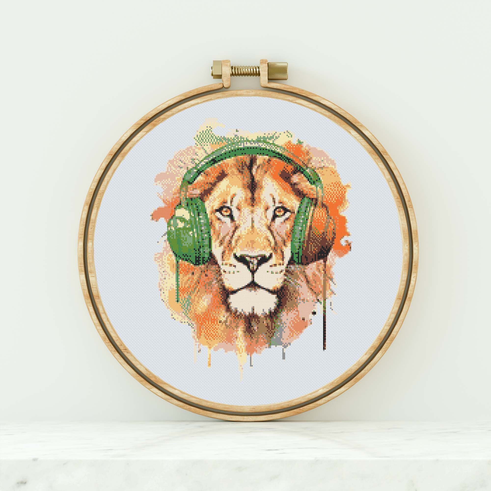 Lion With Headphones Cross Stitch Pattern Lion Counted Cross Stitch ...