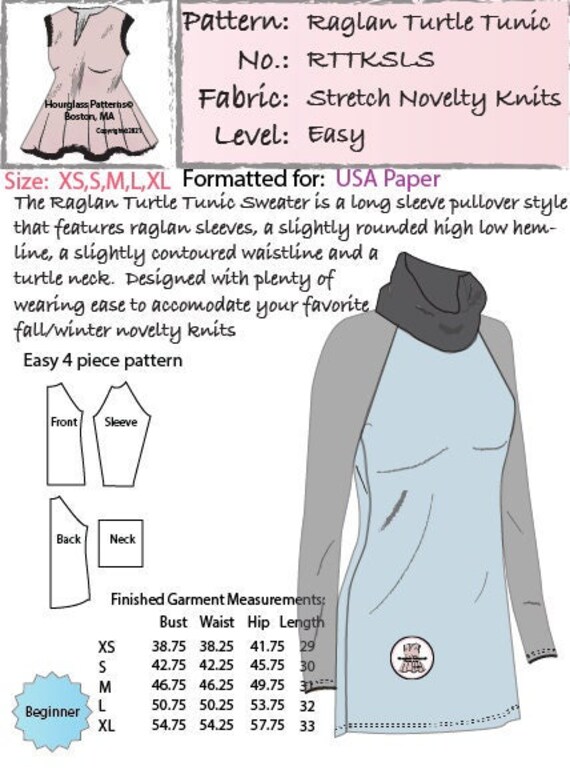 Hourglass Patterns©usa Paper Raglan Turtle Tunic Long Sleeve | Etsy