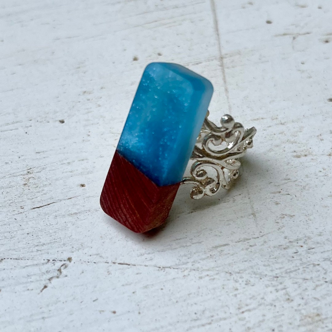 Handmade Wooden Ring-aromatic Red Cedar Paired With Topaz Blue Epoxy - Etsy