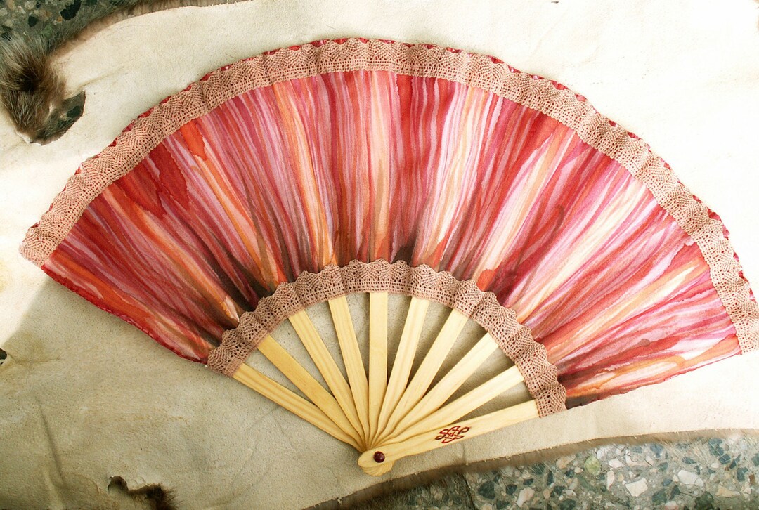 Hand-painted Autumn Fan - Red and Brown Silk on Spruce Slats With Lace ...
