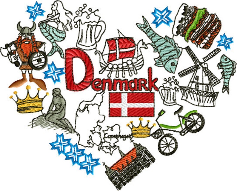 I Love Denmark Machine Embroidery Design - 3 Sizes 5 X 7-inch Hoop, 7 X ...