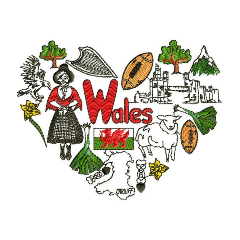 I Love Wales Machine Embroidery Design - 3 Sizes 5 X 7-inch Hoop, 6 X 8 ...
