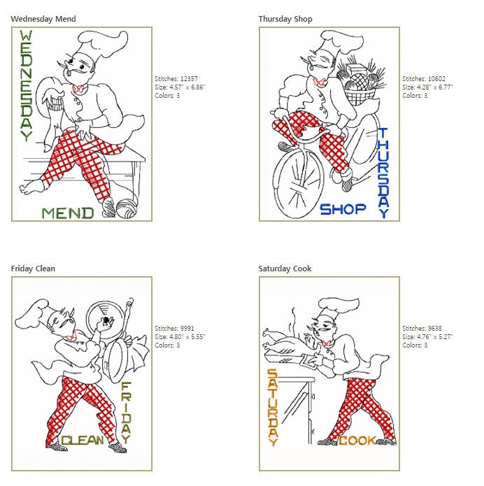French Chef Days of the Week 8 Machine Embroidery Designs for 5"x7 ...