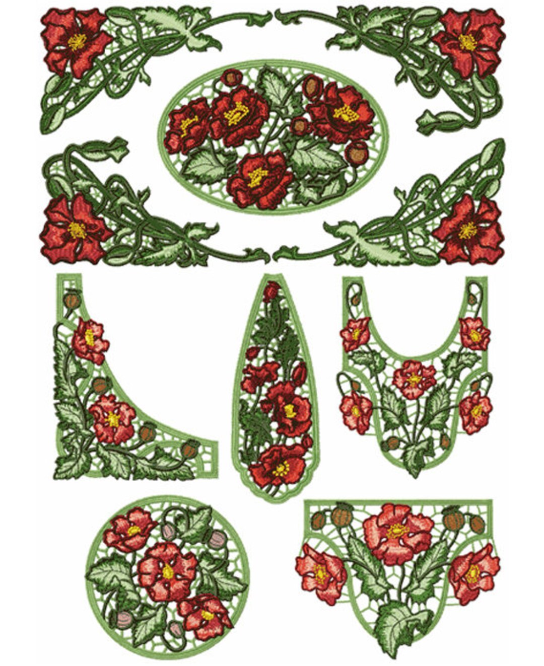 ABC Embroidery Designs 9 Poppies Lace for 5"x7" Hoop Machine Embroidery ...