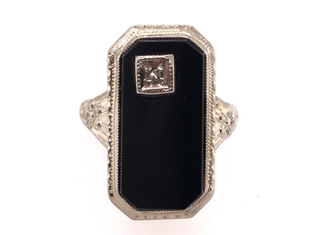 Art Deco Onyx Ring Hand Engraved Flowers Original 1930's Antique 14K - Etsy