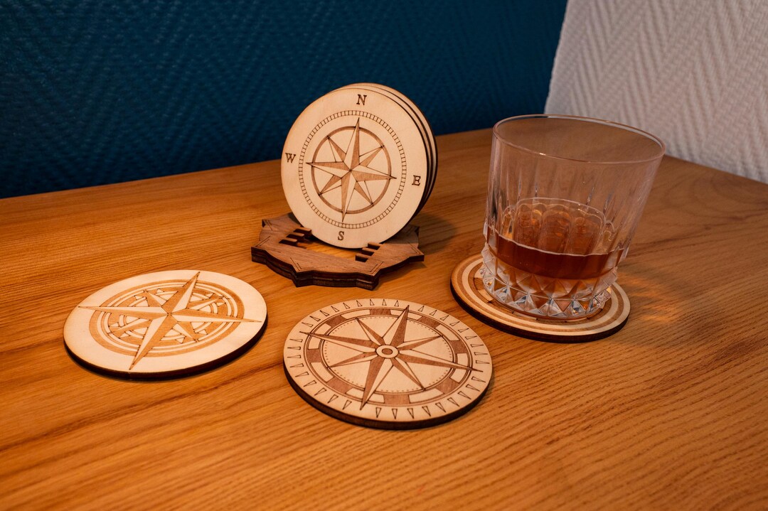 Set of 6 Wooden Coasters “compass Rose” With Stand – Vintage Steampunk ...