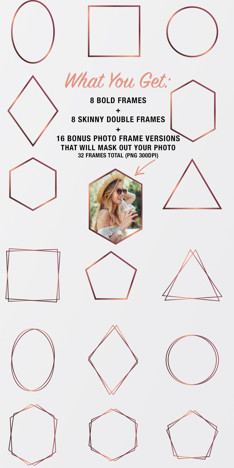Rose Gold Frames, Geometric Polygonal Digital Borders Clipart, Bridal ...