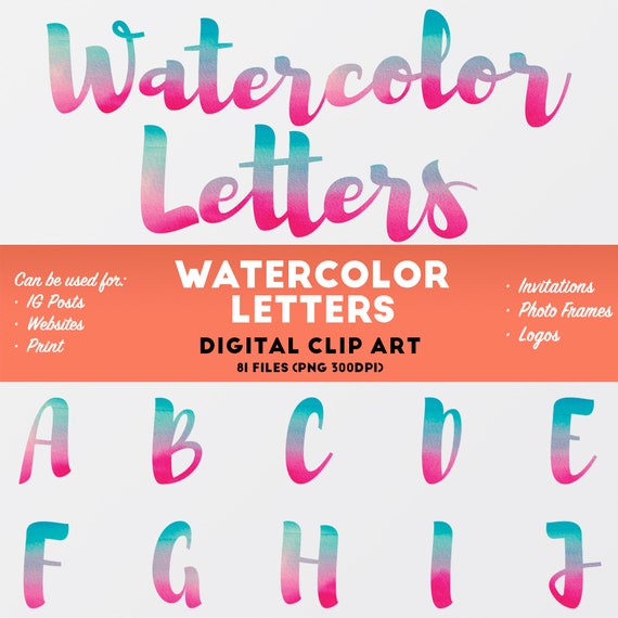 Watercolor Letters Clipart Pink Blue Gradient Hand Lettering | Etsy