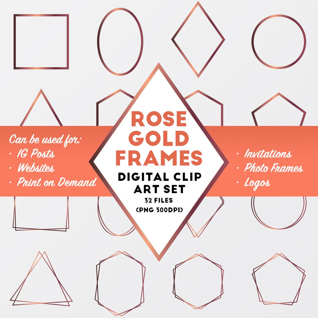 Rose Gold Frames, Geometric Polygonal Digital Borders Clipart, Bridal ...