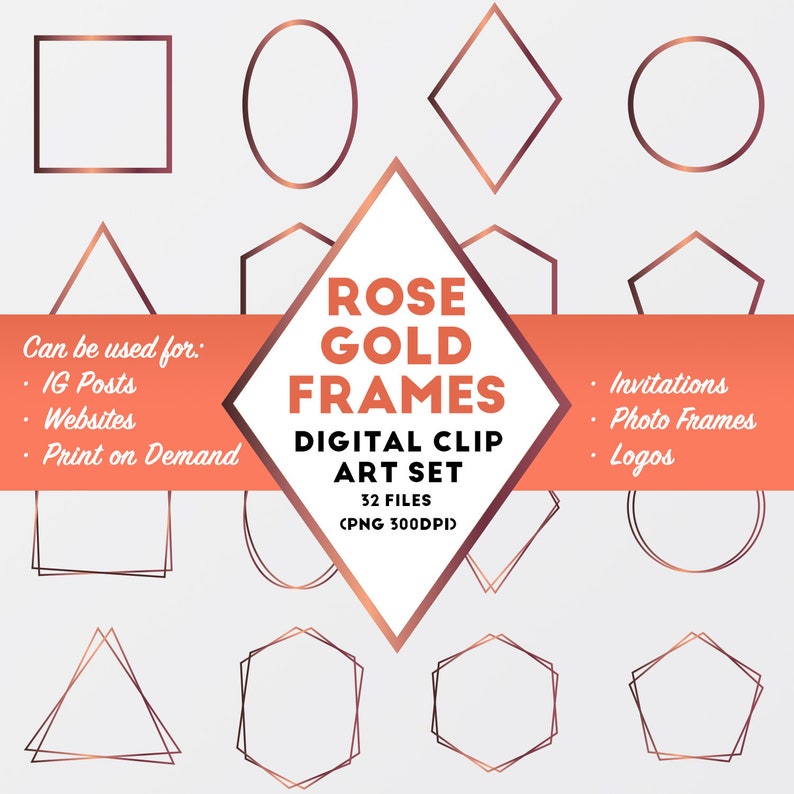 Rose Gold Frames, Geometric Polygonal Digital Borders Clipart, Bridal ...