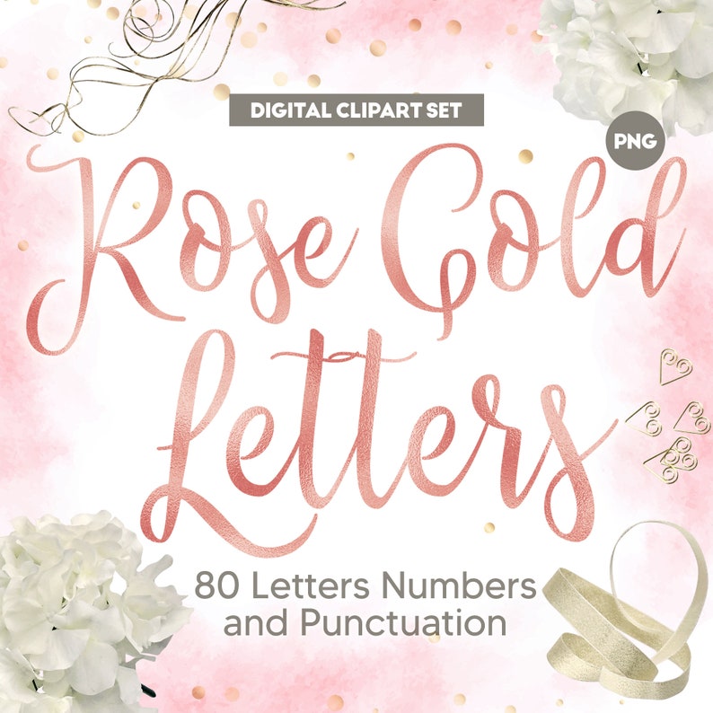 Rose Gold Foil Letters, Alphabet Clipart Hand Lettering, Pink Numbers ...