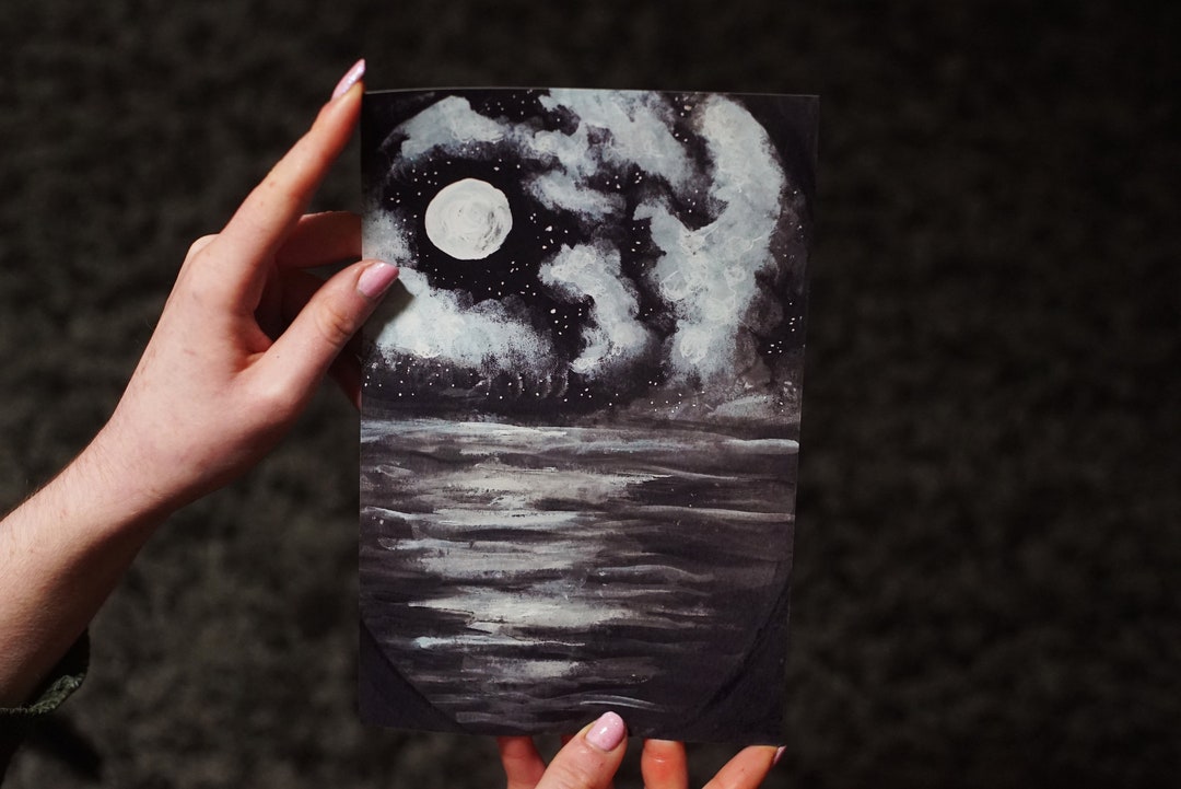 Dark Moon Art Print - Moon Painting, Starry Night, Eerie Art, Moon Art ...