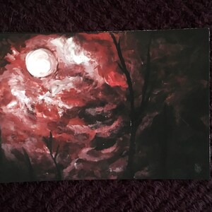 Red Moon Print - Painting, Art Print, Art Postcard, Cosmic Horror, Red ...