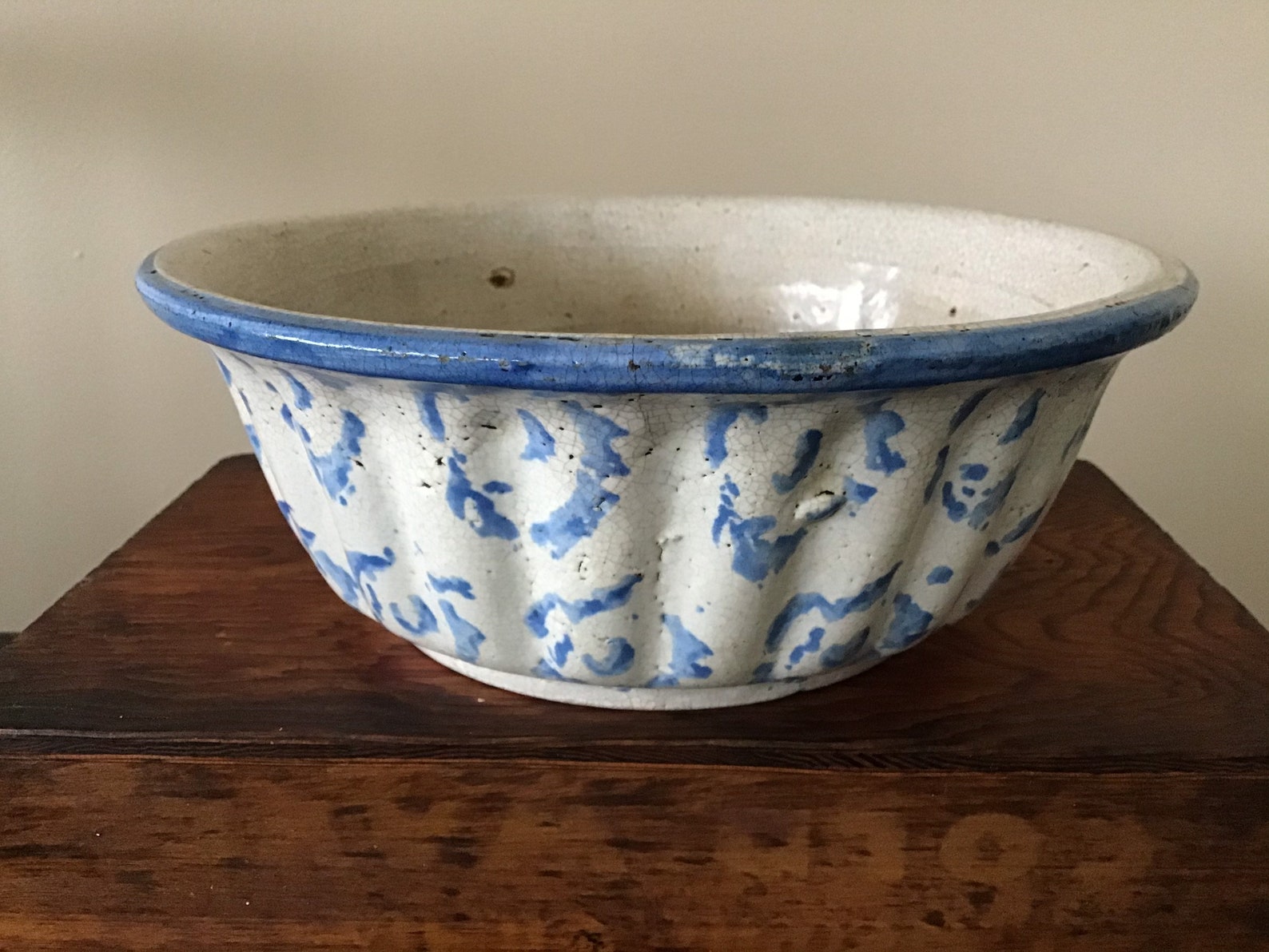 Antique Blue & White Spongeware Pottery Bowl - Primitive Pennsylvania ...