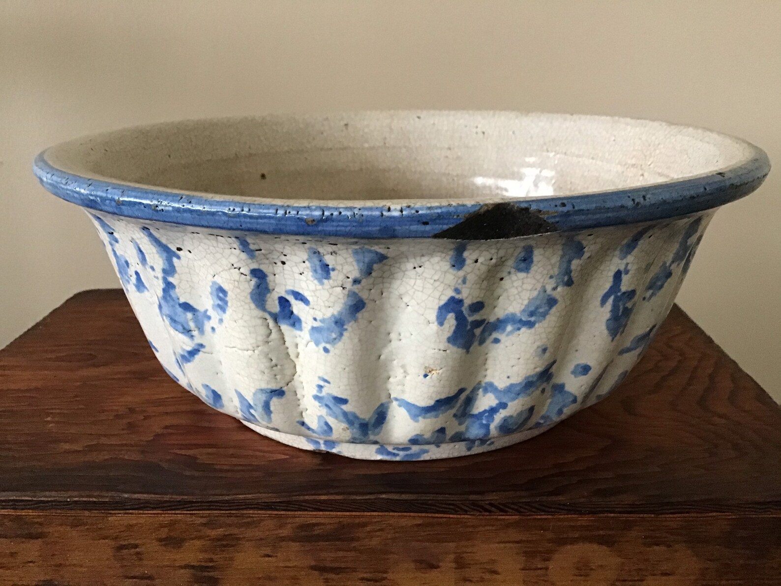 Antique Blue & White Spongeware Pottery Bowl - Primitive Pennsylvania ...