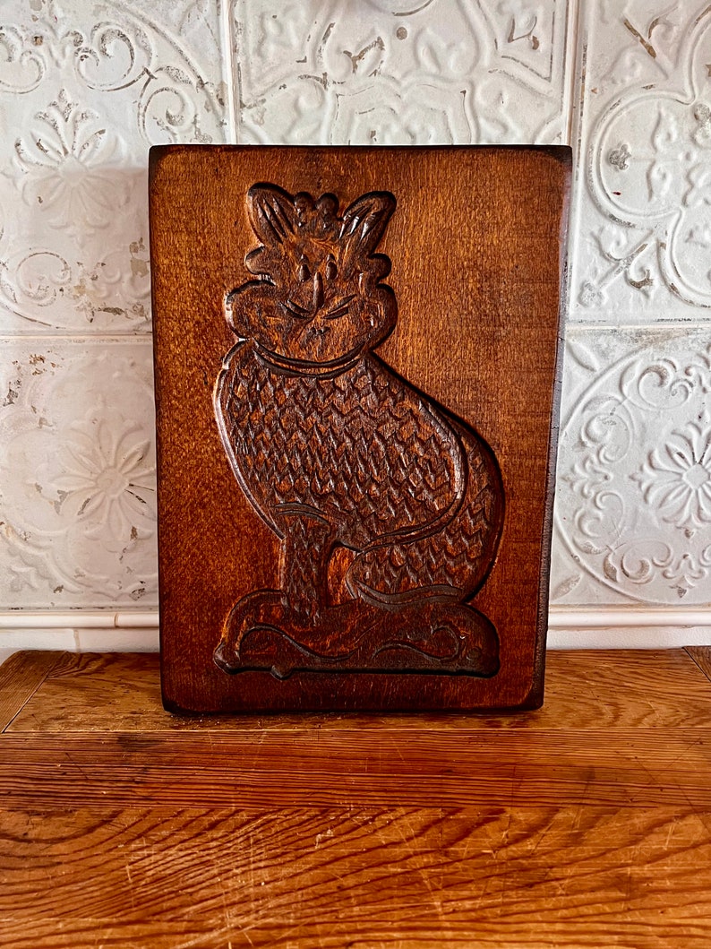 Vintage Wood Cookie Mold Very Large Hand Carved Cat Primitive Treen ...