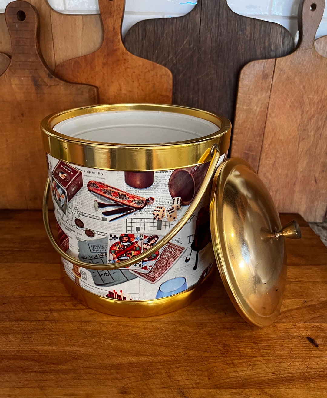 Vintage Ice Bucket With Lid - 1960's Brass and Tin Lithograph - Retro ...