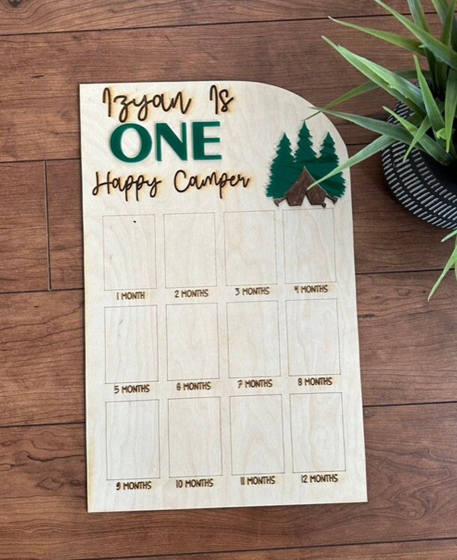 Personalized 12 Months Wooden Photo Board, One Happy Camper, One Year ...