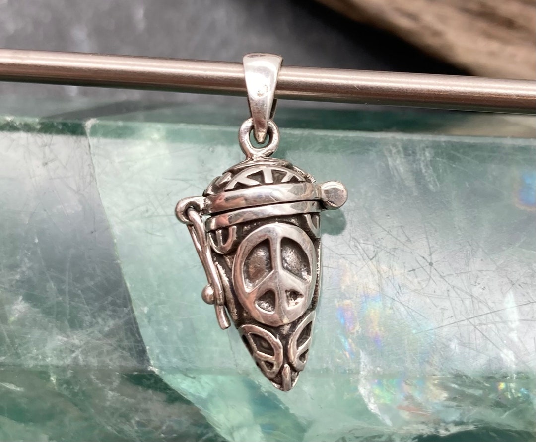 Peace Sign Box Pendant, Container Pendant, Sterling Silver, Hinged ...